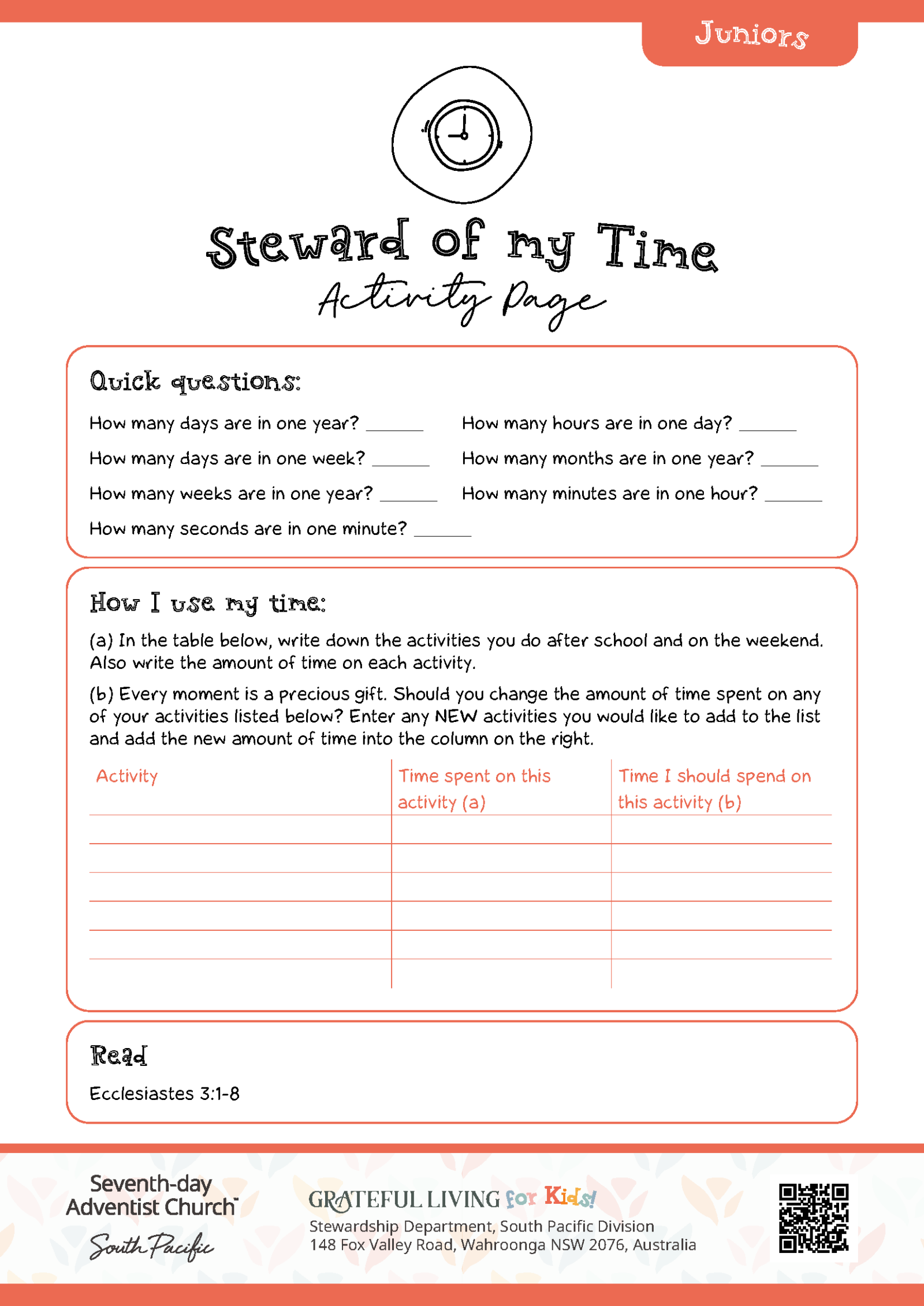 Steward of my Time - Kids Activity Sheets - Stewardship